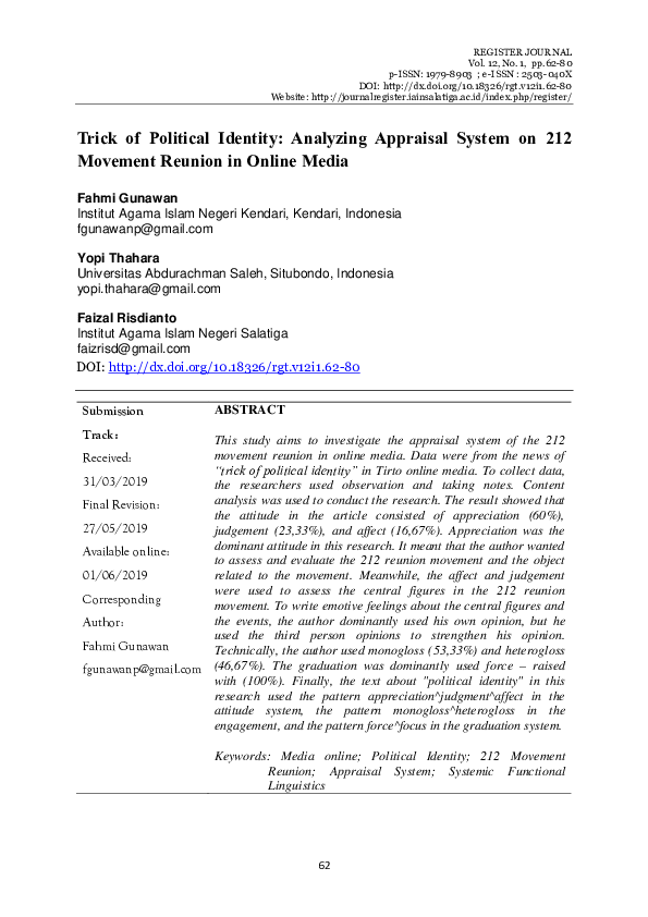 (PDF) Trick of Political Identity: Analyzing Appraisal System on 212 ...