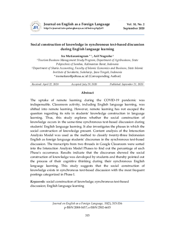 (PDF) Social construction of knowledge in synchronous text-based discussion during English ...