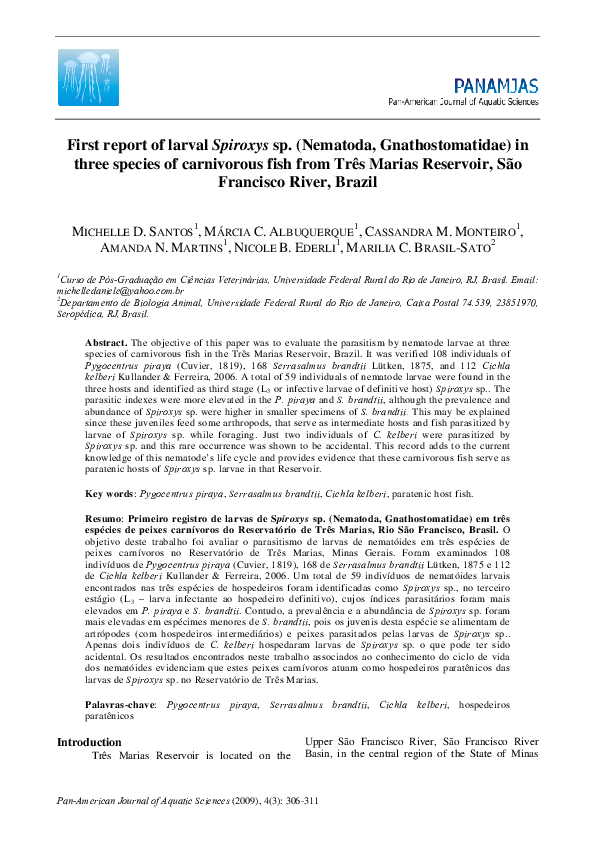 (PDF) First report of larval Spiroxys sp.(Nematoda, Gnathostomatidae ...