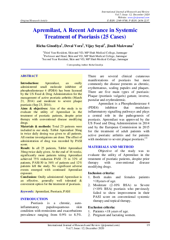 (PDF) Efficacy of Apremilast in Psoriasis Treatment