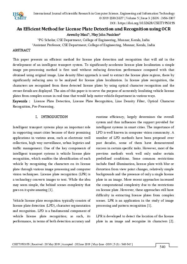 Pdf An Efficient Method For License Plate Detection And Recognition Using Ocr International