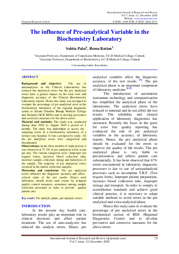 (PDF) The influence of Pre-analytical Variable in the Biochemistry ...