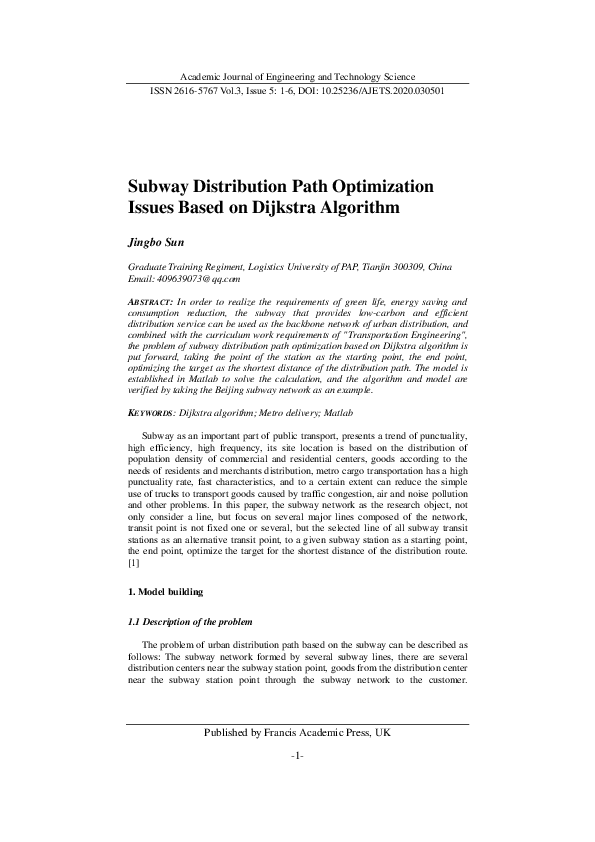(PDF) Subway Distribution Path Optimization Issues Based on Dijkstra ...