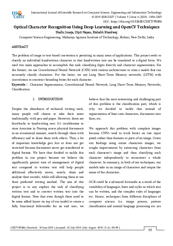 Pdf Optical Character Recognition Using Deep Learning And Opencv Techniques International