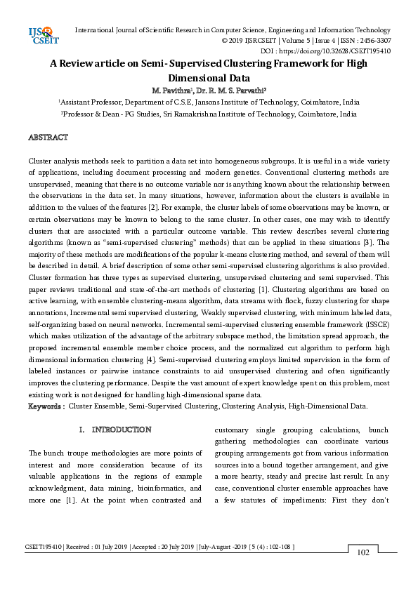 (PDF) A Review article on Semi- Supervised Clustering Framework for High Dimensional Data