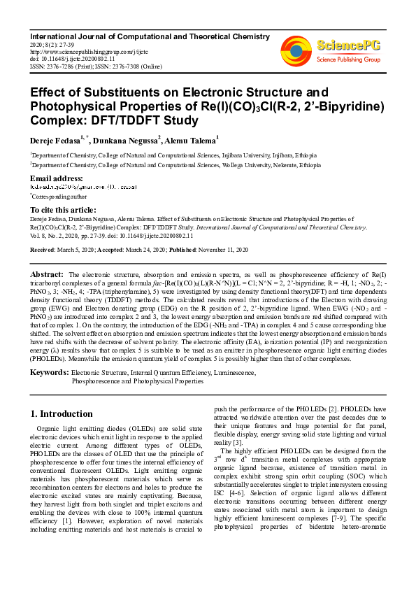 (PDF) Effect of Substituents on Electronic Structure and Photophysical Properties of Re(I)(CO) 3 ...