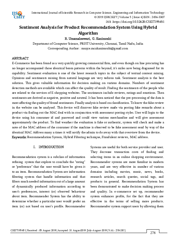 Pdf Sentiment Analysis For Product Recommendation System Using Hybrid Algorithm