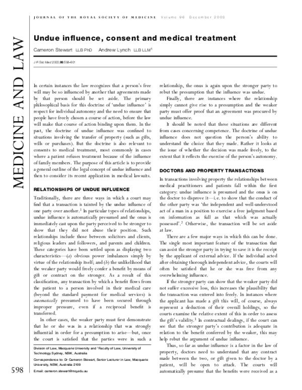 (PDF) Undue influence, consent and medical treatment
