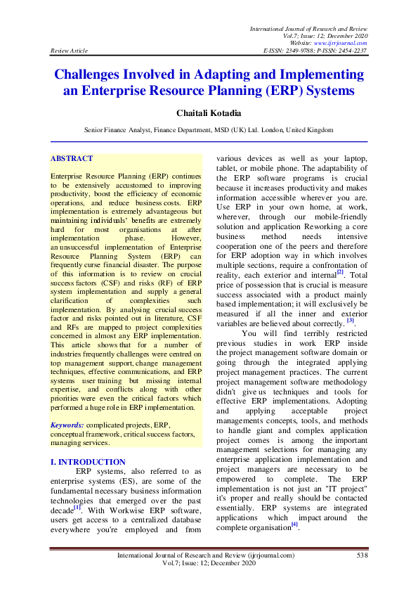 (PDF) Challenges Involved in Adapting and Implementing an Enterprise Resource Planning (ERP) Systems