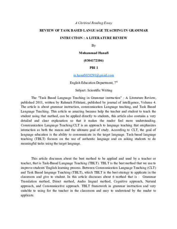 Doc A Chritical Reading Essay Review Of Task Based Language Teaching
