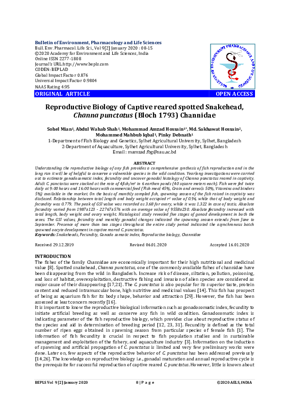 (PDF) Reproductive biology of captive reared spotted snakehead, Channa ...