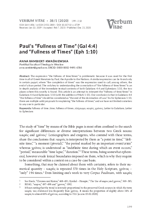 (PDF) Paul's "Fullness of Time" (Gal 4:4) and "Fullness of Times" (Eph ...