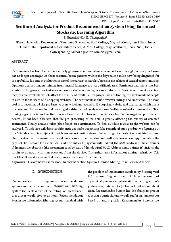 Pdf Sentiment Analysis For Product Recommendation System Using Enhanced Stochastic Learning