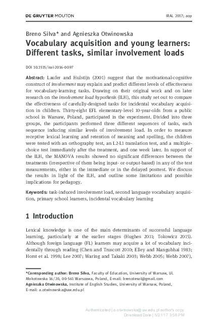 (PDF) Vocabulary acquisition and young learners: Different tasks, similar involvement loads