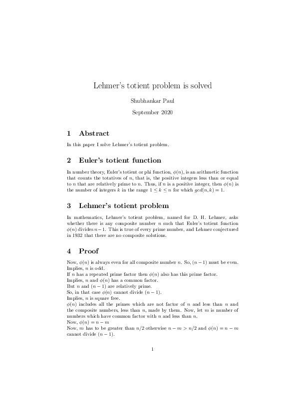 (PDF) Lehmer's totient problem is solved