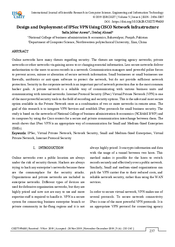 (PDF) Design and Deployment of IPSec VPN Using CISCO Network Infrastructure