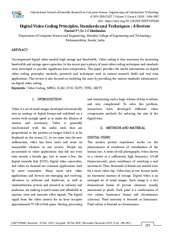 (PDF) Digital Video Coding Principles, Standards and Techniques : A Review