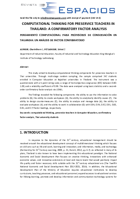 (PDF) COMPUTATIONAL THINKING FOR PRESERVICE TEACHERS IN THAILAND: A CONFIRMATORY FACTOR ANALYSIS ...