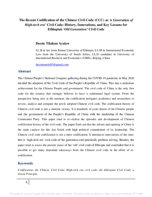 (PDF) The Recent Codification of the Chinese Civil Code (CCC) as "a ...