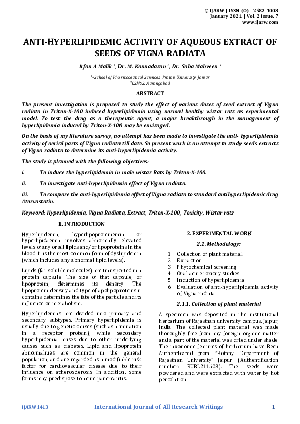 (PDF) ANTI-HYPERLIPIDEMIC ACTIVITY OF AQUEOUS EXTRACT OF SEEDS OF VIGNA ...