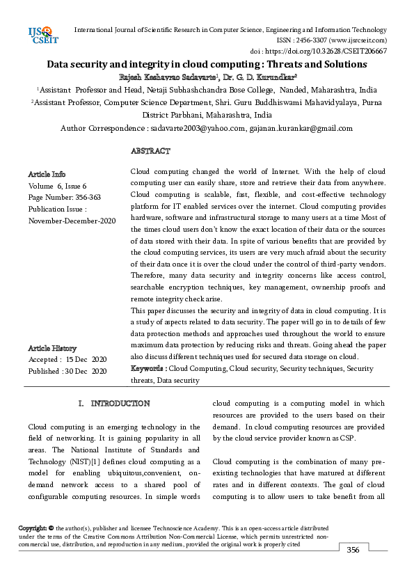 Pdf Data Security And Integrity In Cloud Computing Threats And