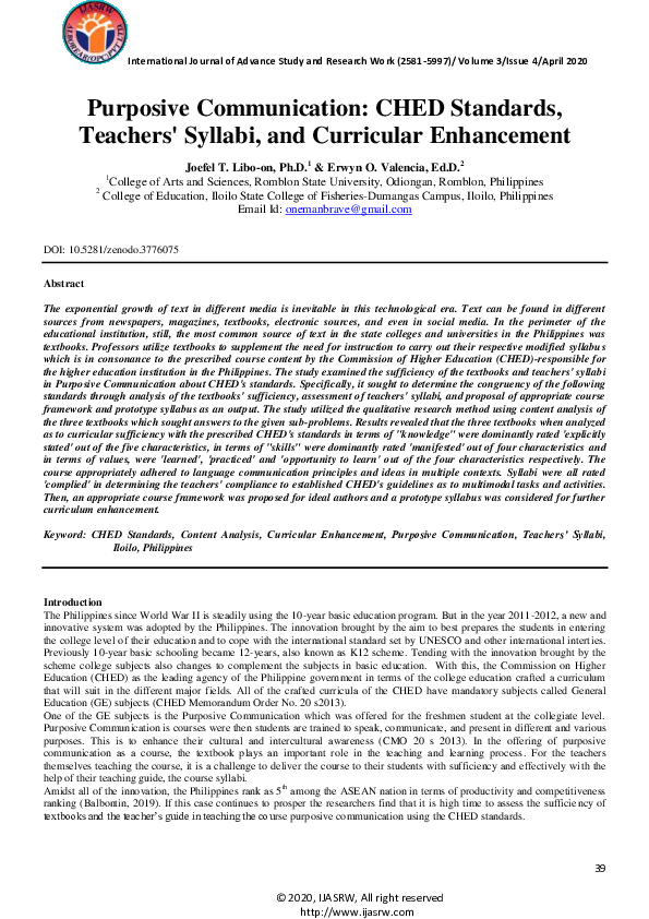 (PDF) Purposive Communication: CHED Standards, Teachers' Syllabi, and ...
