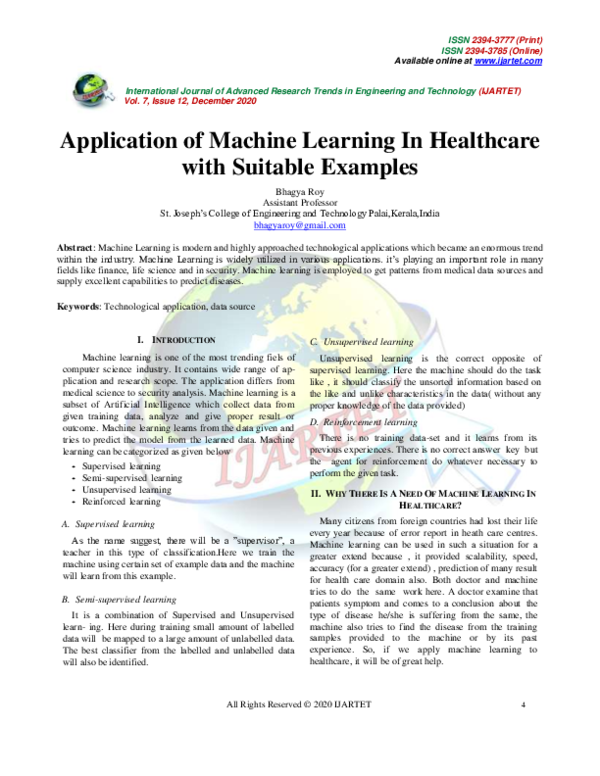 (PDF) Application of Machine Learning In Healthcare