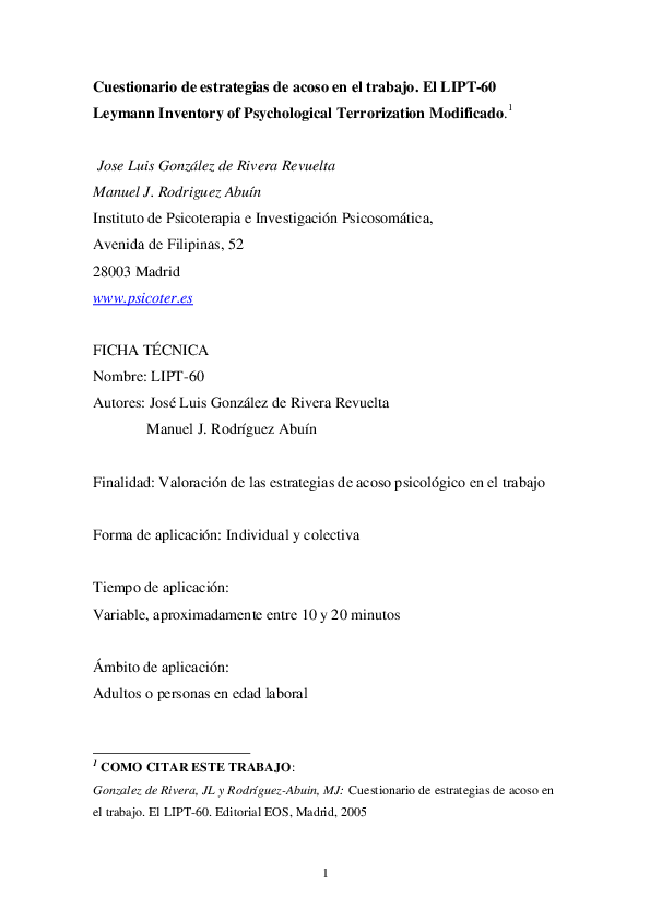 (PDF) MANUAL DEL LIPT-60. CUESTIONARIO DE ESTRATEGIAS DE ACOSO EN EL TRABAJO-