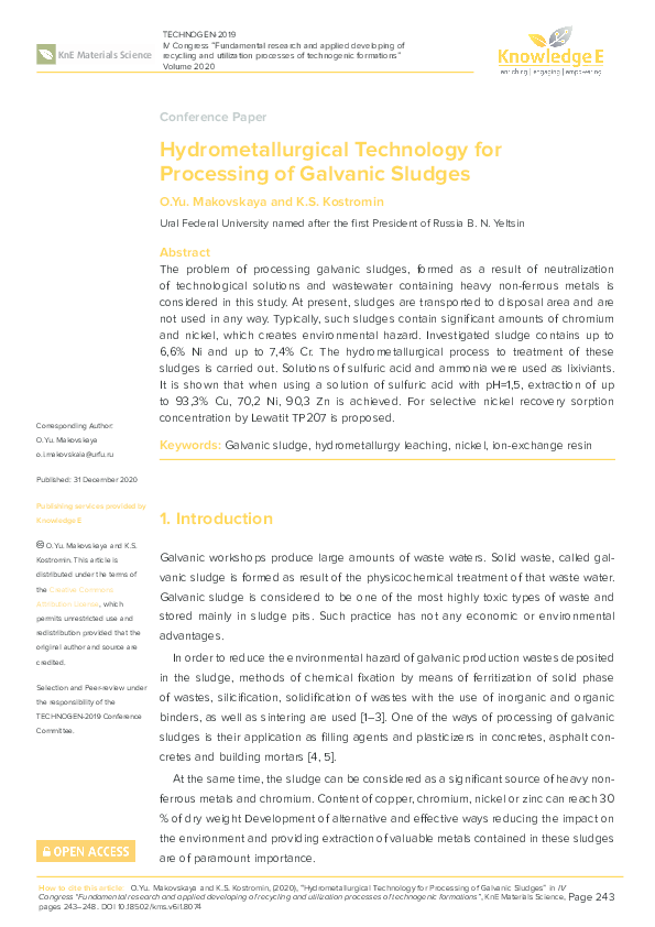 (PDF) Hydrometallurgical Technology for Processing of Galvanic Sludges