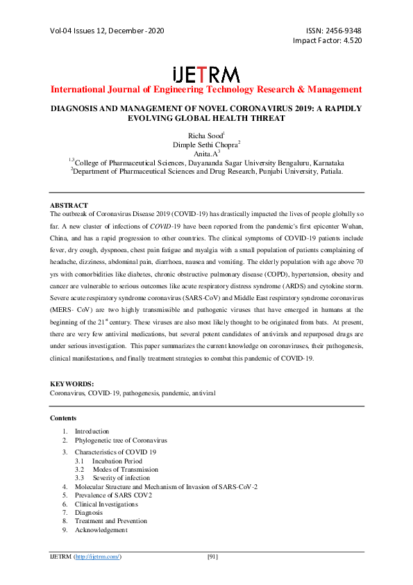 (PDF) DIAGNOSIS AND MANAGEMENT OF NOVEL CORONAVIRUS 2019: A RAPIDLY ...