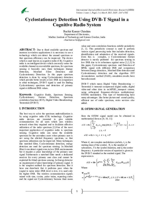 Pdf Cyclostationary Detection Using Dvb T Signal In A Cognitive Radio System