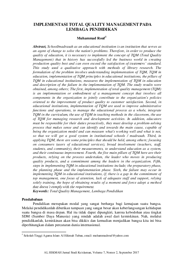 (PDF) Implementasi Total Quality Management (TQM) pada Lembaga Pendidikan