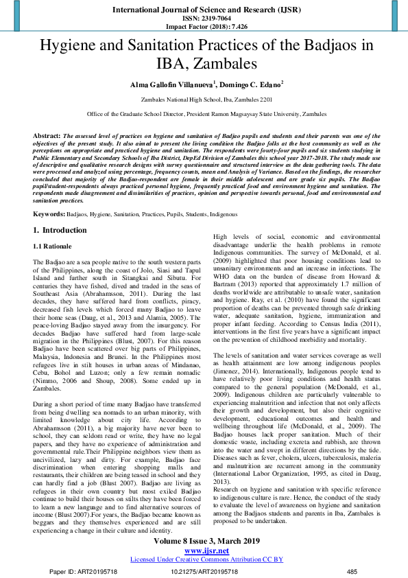 (PDF) Hygiene and Sanitation Practices of the Badjaos in Iba, Zambales
