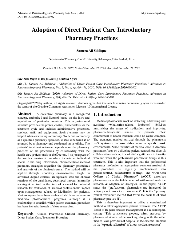 (PDF) Adoption of Direct Patient Care Introductory Pharmacy Practices