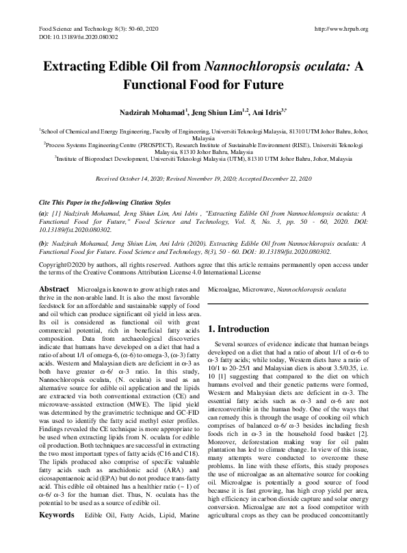 (PDF) Extracting Edible Oil from Nannochloropsis oculata: A Functional Food for Future
