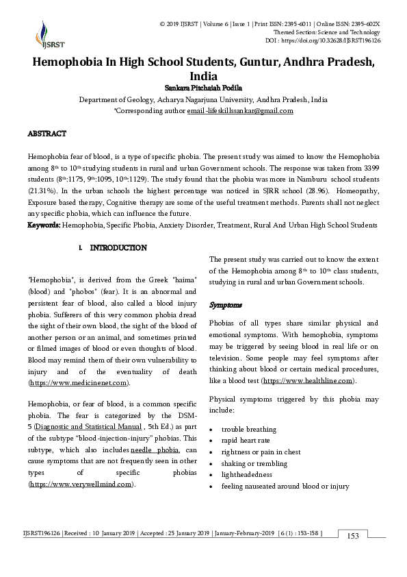 (PDF) Hemophobia In High School Students, Guntur, Andhra Pradesh, India