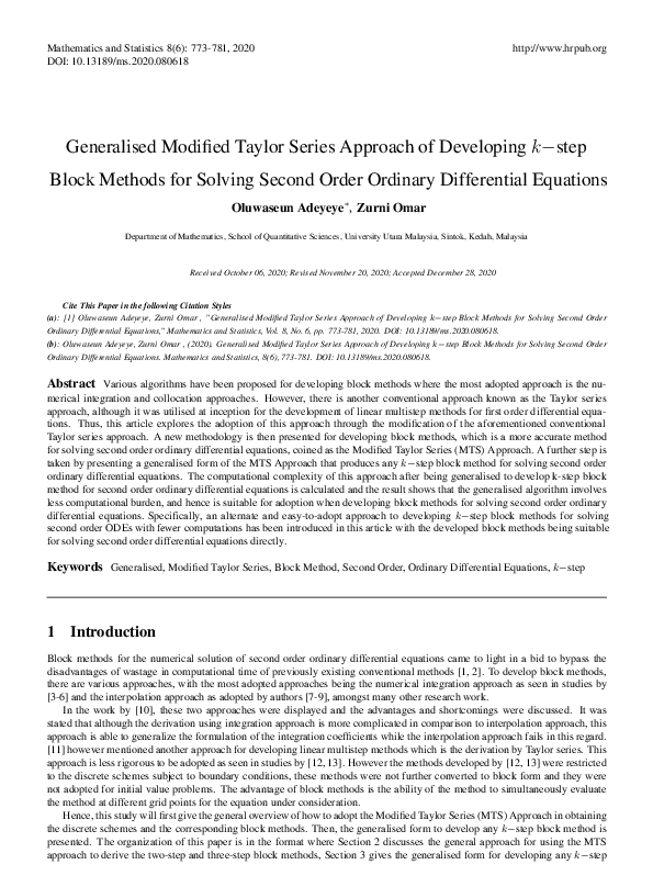Pdf Generalised Modified Taylor Series Approach Of Developing K−step Block Methods For Solving