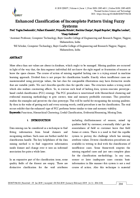(PDF) Enhanced Classification of Incomplete Pattern Using Fuzzy Systems