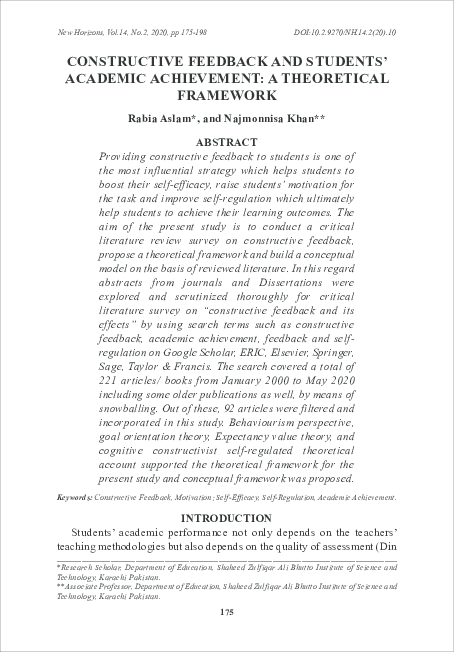 (PDF) conStructive feedback and StudentS' academic acHievement: a tHeoreticaL frameWork