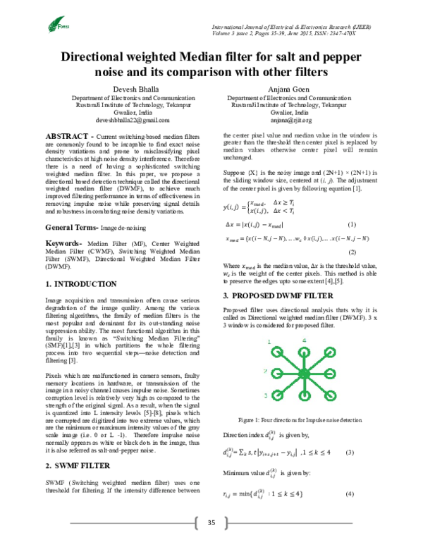 Pdf Directional Weighted Median Filter For Salt And Pepper Noise And Its Comparison With Other