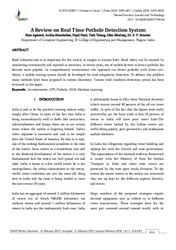 (PDF) A Review on Real Time Pothole Detection System