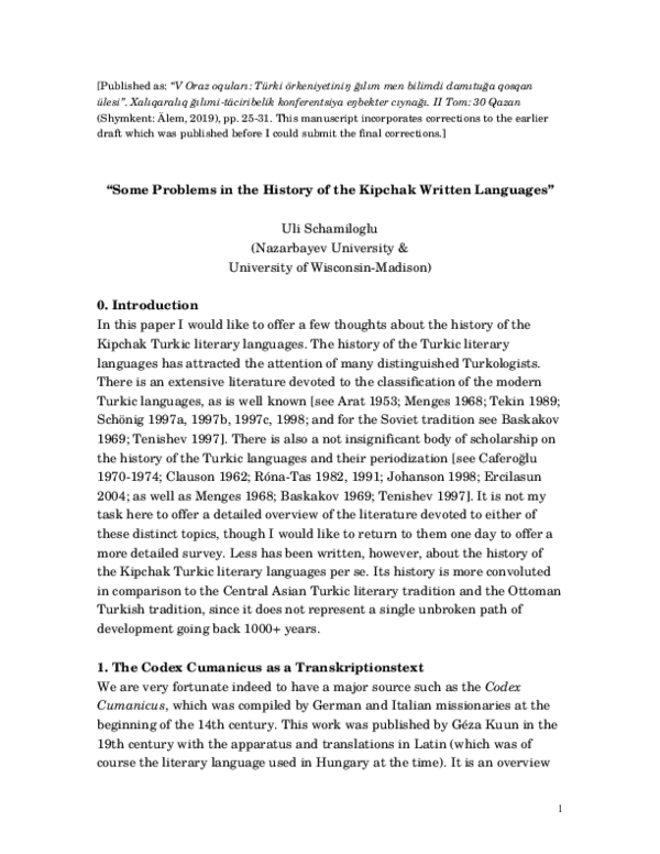 (PDF) "Some Problems in the History of the Kipchak Written Languages"