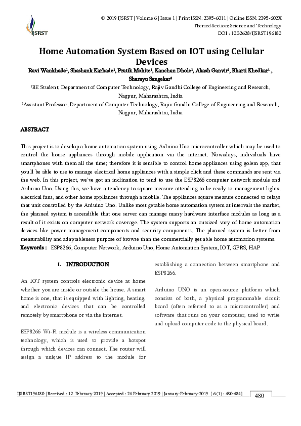 (PDF) Home Automation System Based on IOT using Cellular Devices