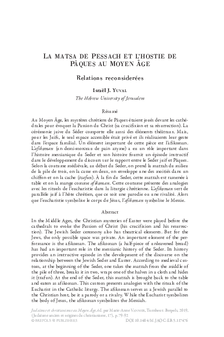 (PDF) Israel Jacob Yuval, “La matsa de Pessach et l’hostie de Pâques au ...