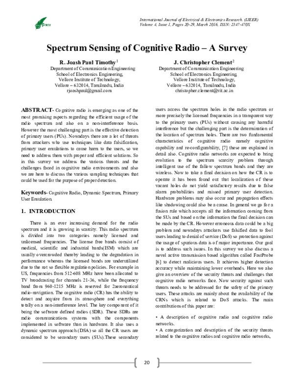(PDF) Spectrum Sensing of Cognitive Radio -A Survey