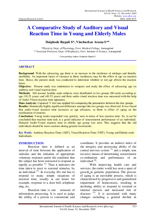 (PDF) A Comparative Study of Auditory and Visual Reaction Time in Young ...
