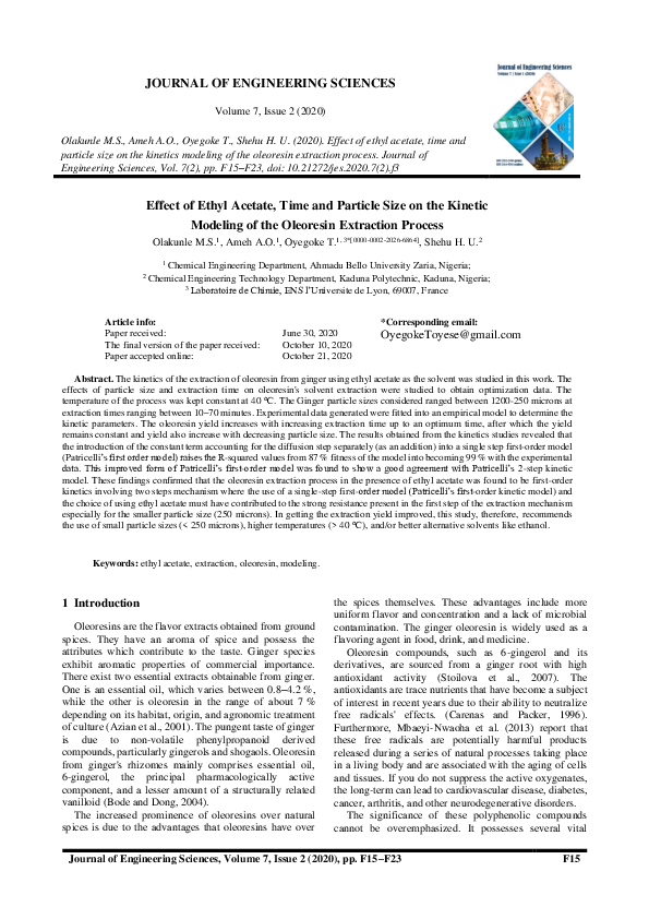 (PDF) Effect of ethyl acetate, time and particle size on the kinetics ...