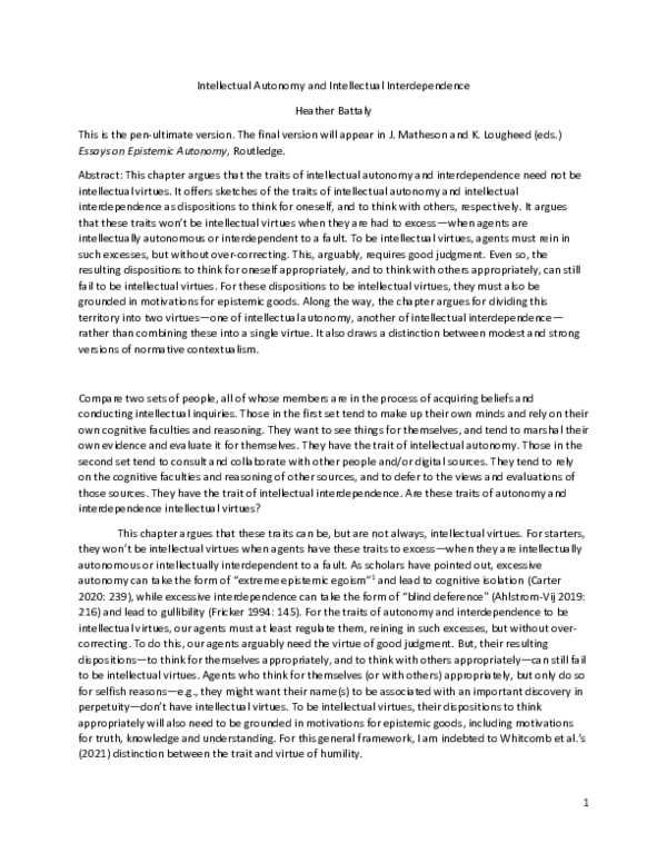 (PDF) Intellectual Autonomy and Intellectual Interdependence