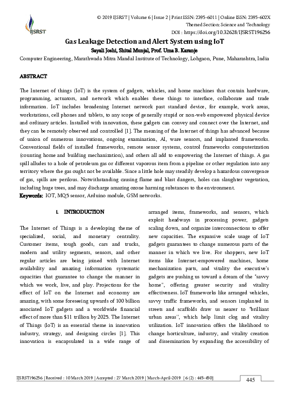 Pdf Gas Leakage Detection And Alert System Using Iot
