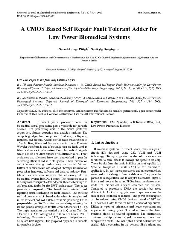 Pdf A Cmos Based Self Repair Fault Tolerant Adder For Low Power Biomedical Systems